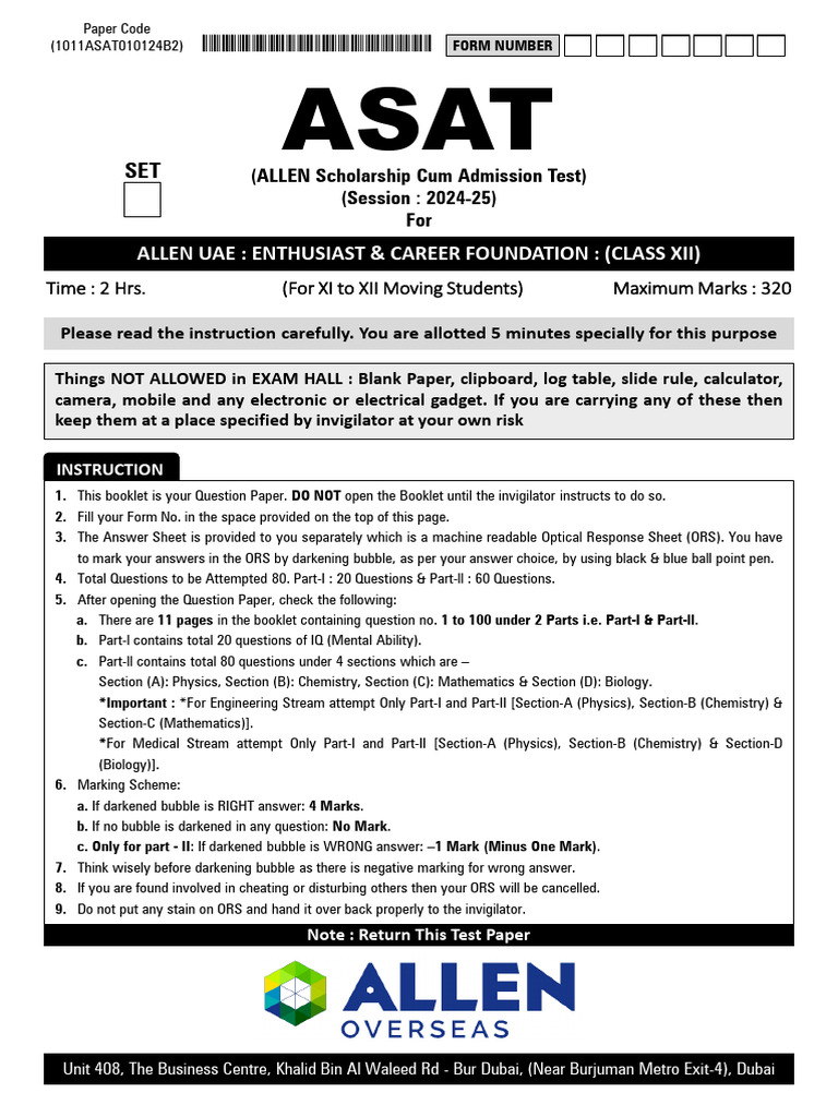 ASAT Class XII Exam Instructions 2024-25 | PDF