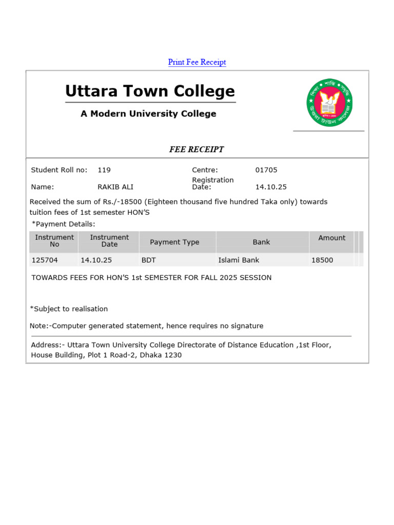 Tuition Receipt Uttara | PDF
