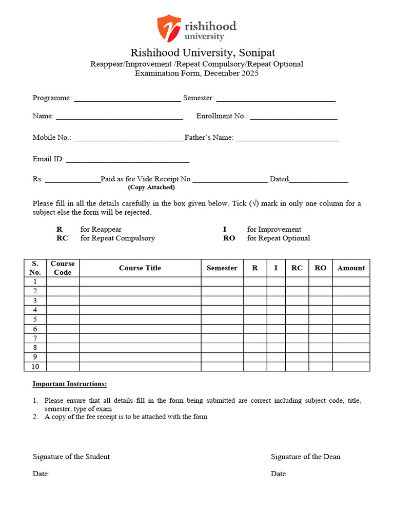 Reappear Exam Form Dec-2025 | PDF