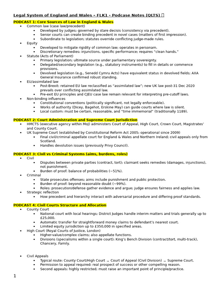 Legal System of England and Wales - FLK1 - Podcase Notes ? | PDF ...