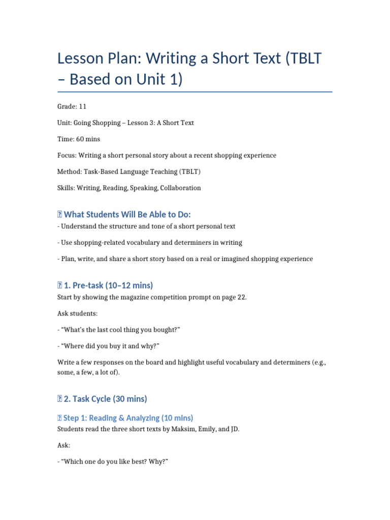 Short Text TBLT Lesson Plan | PDF