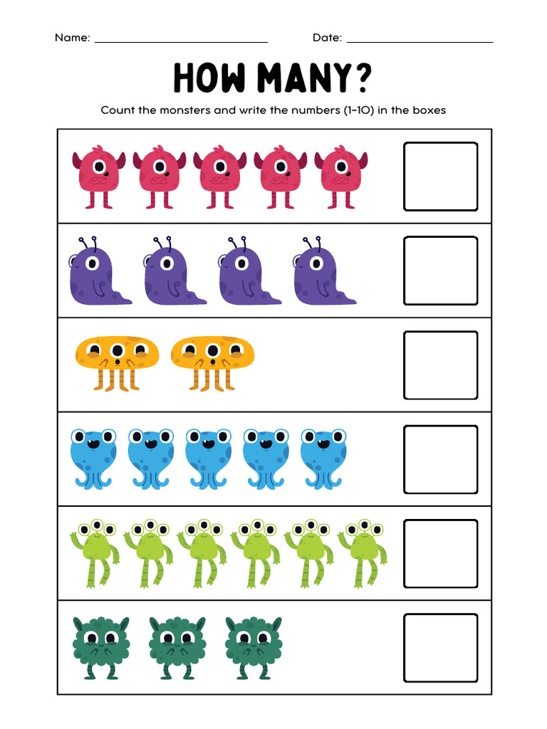 How Many Monsters Math Worksheet in Colorful Playful Style | PDF