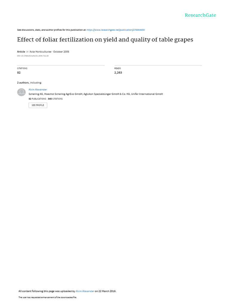 Effect of Foliar Fertilization On Yield and Quality of Table Grapes | PDF