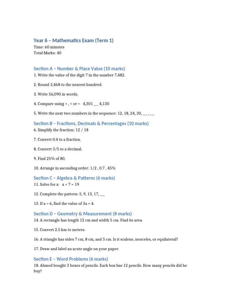 Year 6 Mathematics Exam Term 1 Guide | PDF