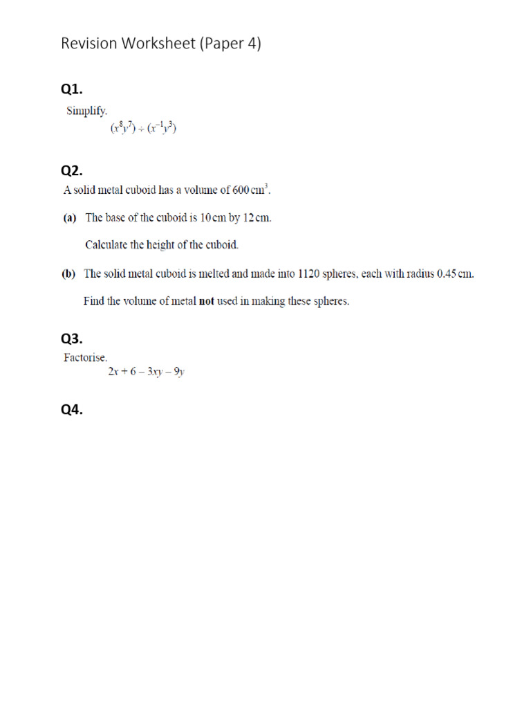 Revision Worksheet (Paper 4) | PDF