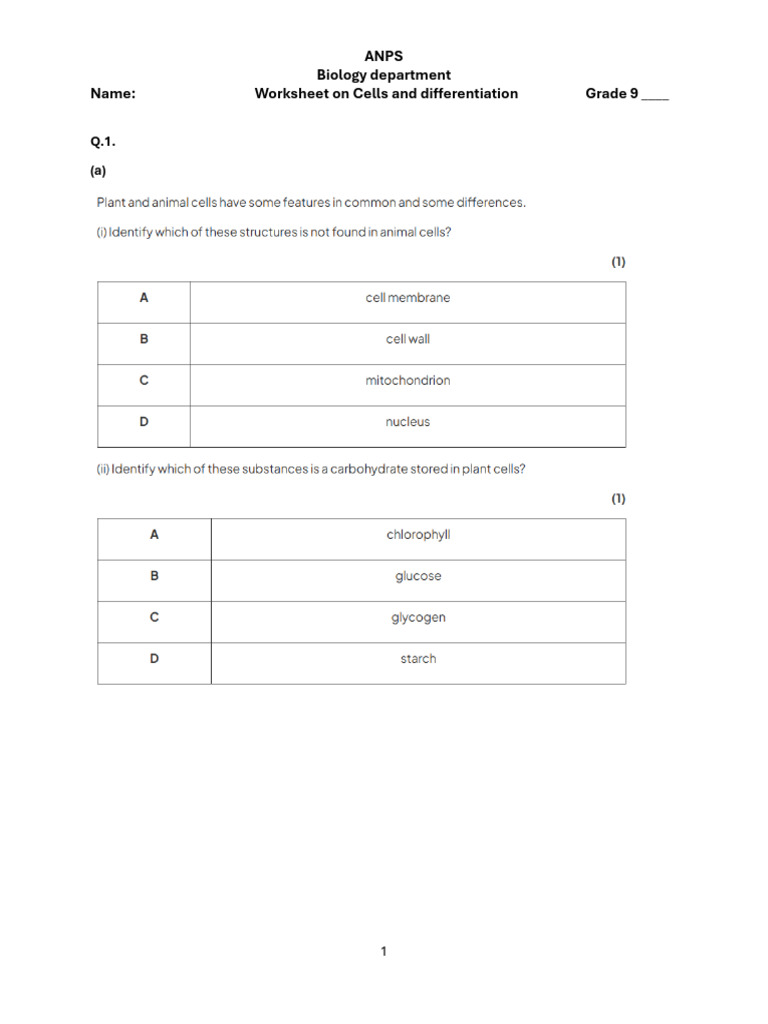 Grade 9 Cells and Differentiation Worksheet | PDF | Chess Theory | Chess