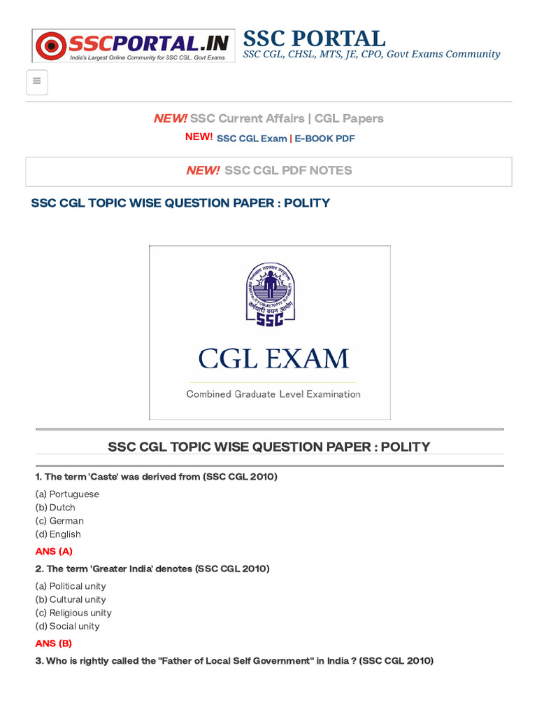 SSC CGL Topic Wise Question Paper - Polity - SSC Portal - Ssc... | PDF ...