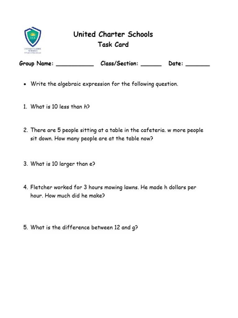 Algebraic - Task Card - Week 6 - Day 3 | PDF