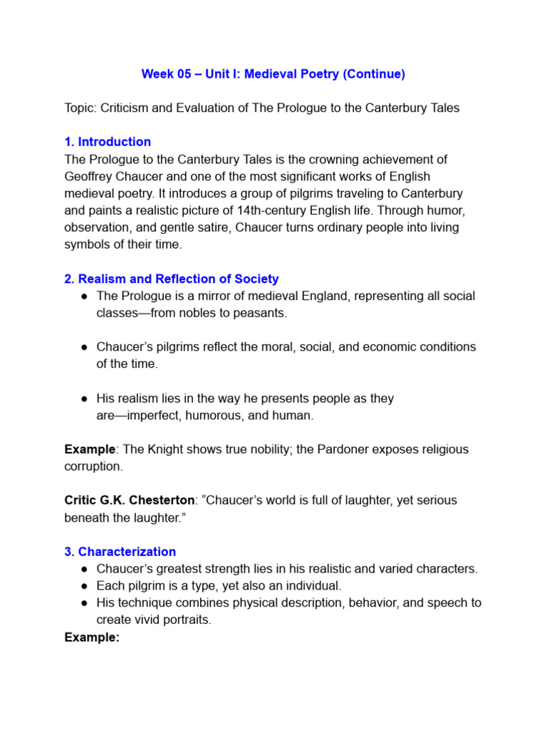 Week 05 - Unit I - Medieval Poetry (Continue) | PDF | Poetry | The ...