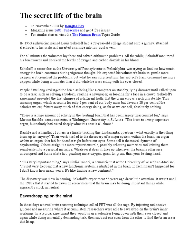 The Secret Life of The Brain | PDF | Functional Magnetic Resonance ...