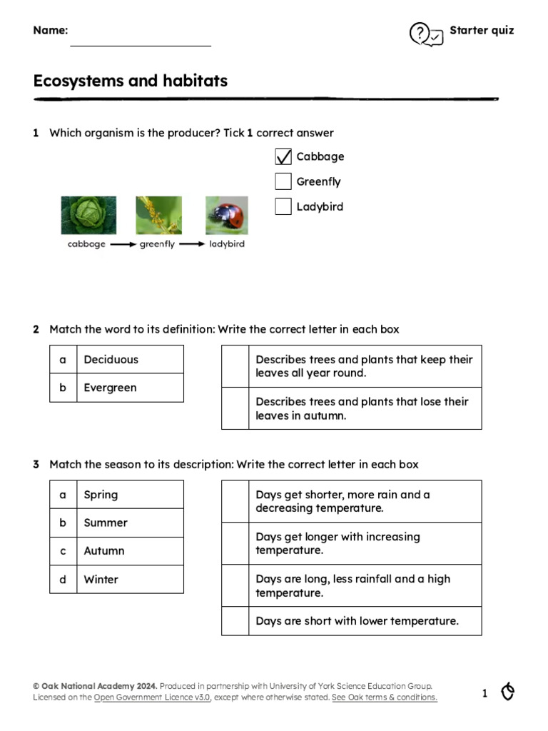Ecosystems and Habitats Starter Quiz | PDF | Forests | Habitat