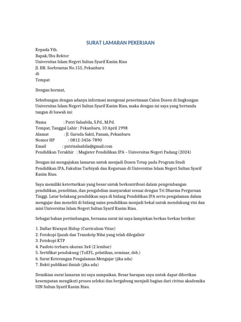 Surat Lamaran Dosen UIN Suska Riau | PDF