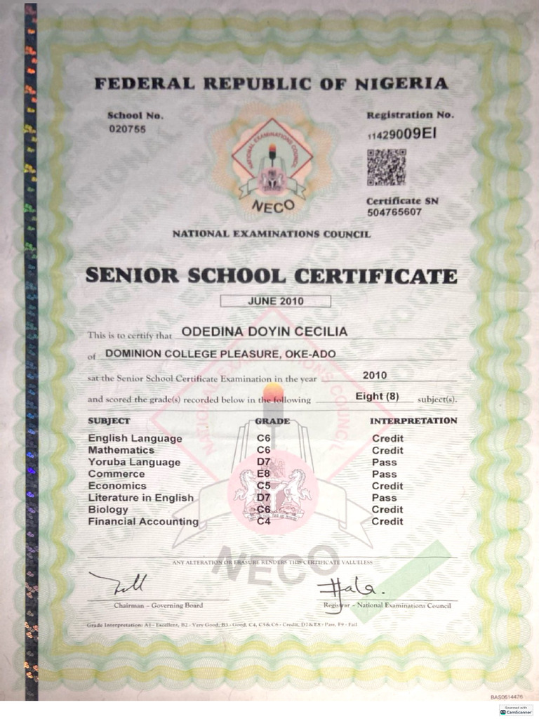 NECO Certificate | PDF