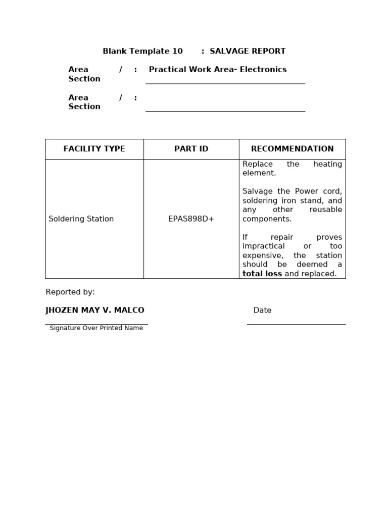 Electronics Salvage Report Template | PDF