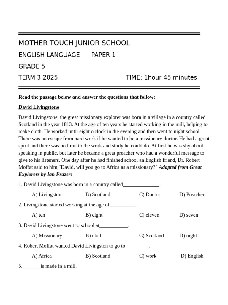Mother Touch Junior School: Read The Passage Below and Answer The ...