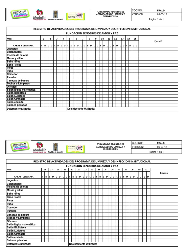 Registro de Actividades Del Programa de Limpieza y Desinfeccion ...