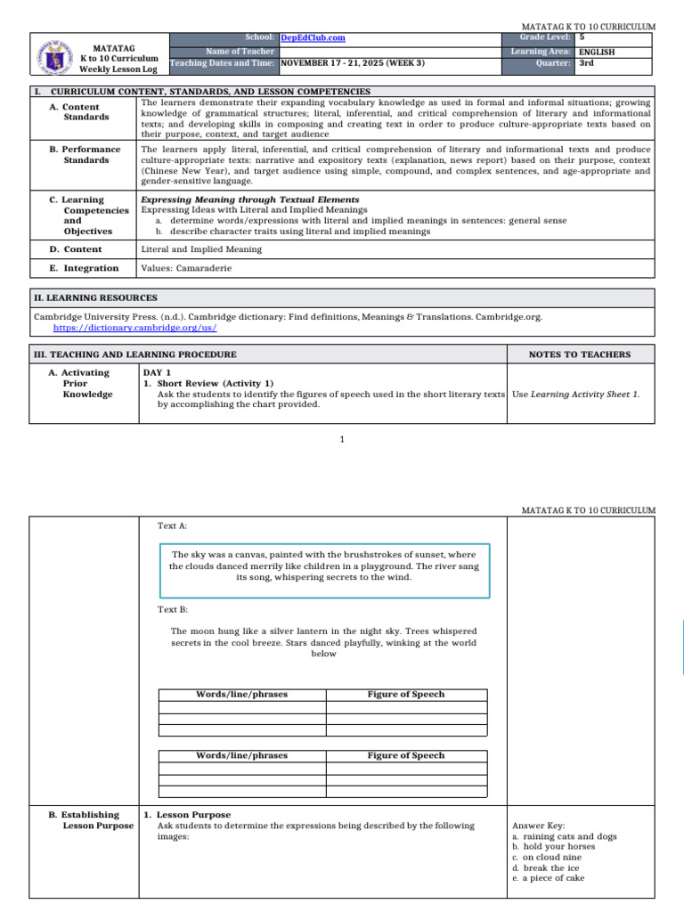 DLL Matatag - English 5 q3 w3 | PDF | Reading Comprehension | Curriculum