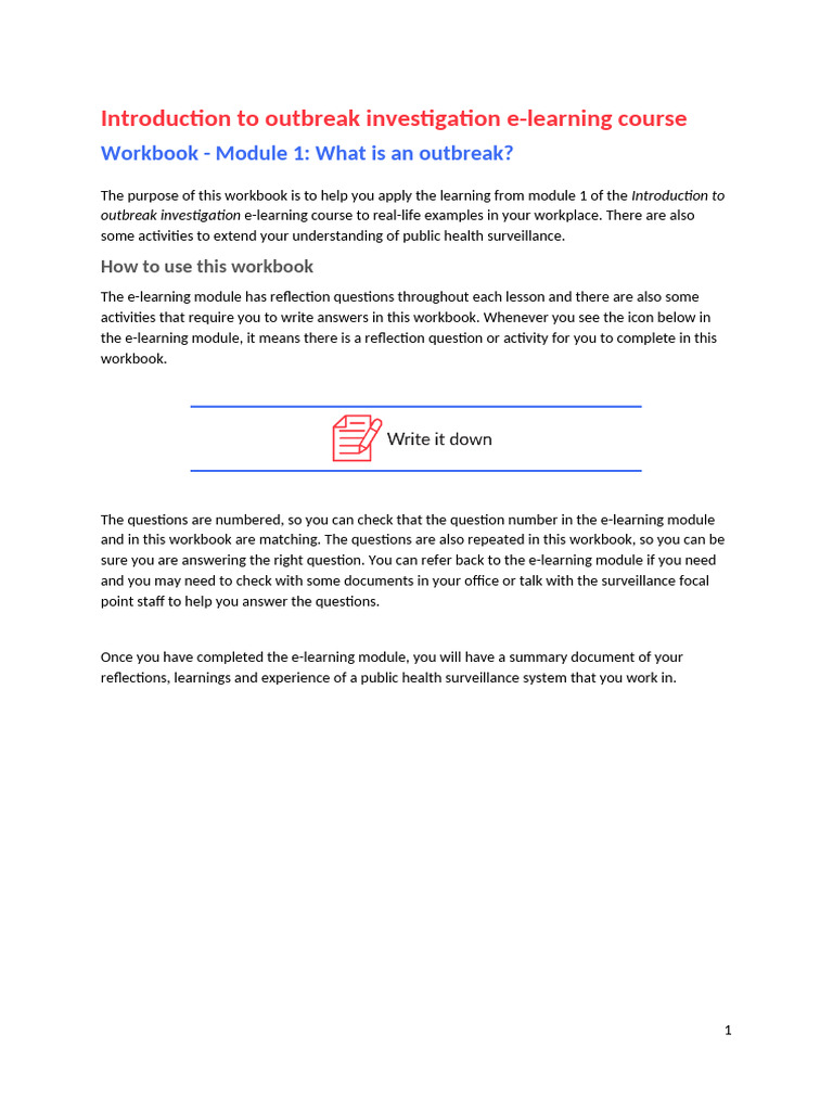 Final Workbook - Module 1 - Introduction To Outbreak Investigation ...