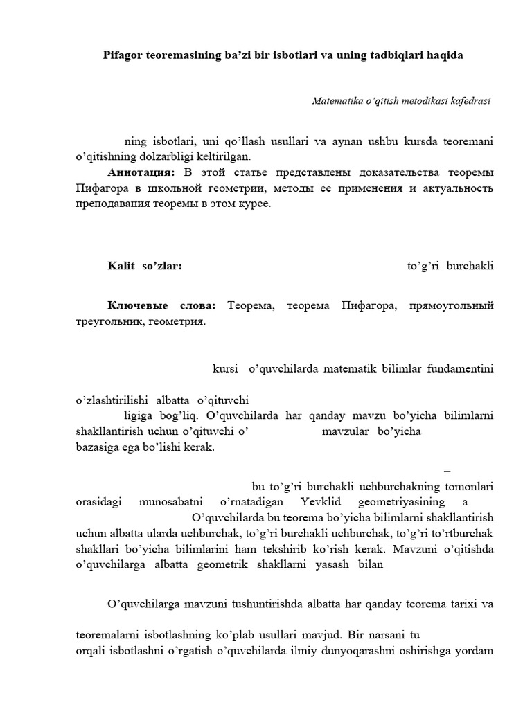 Pifagor Teoremasining Ba'zi Bir Isbotlari Va Uning Tadbiqlari Haqida | PDF