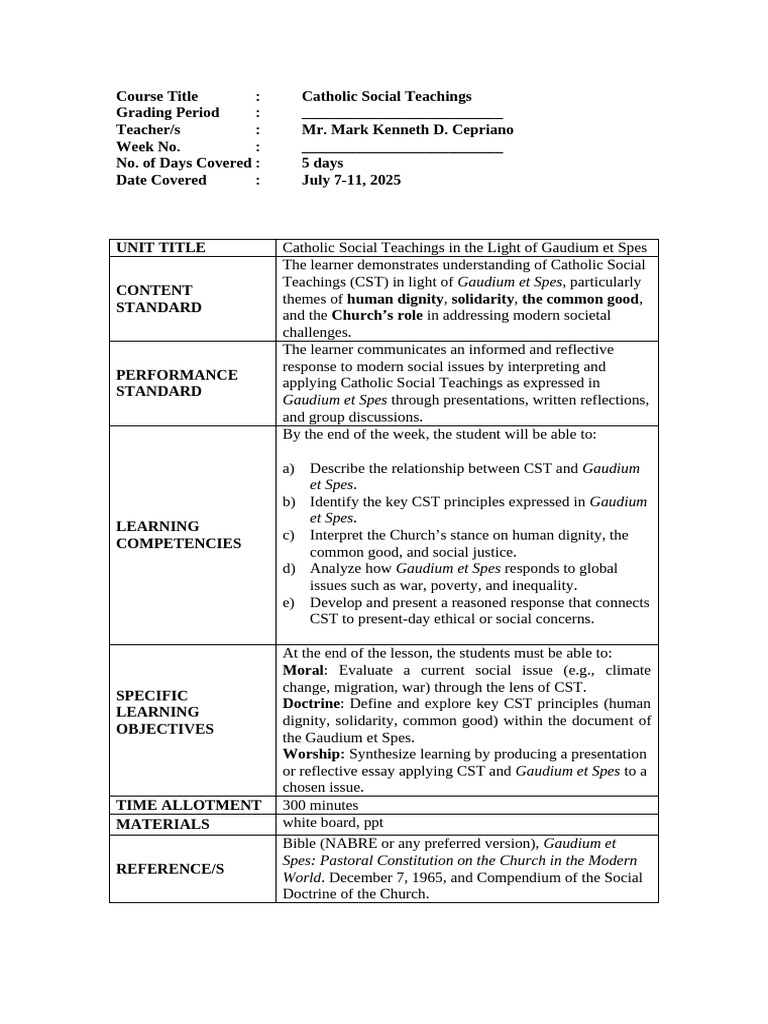 Learning Plan 3 - CST | PDF | Catholic Social Teaching | Catholic Church