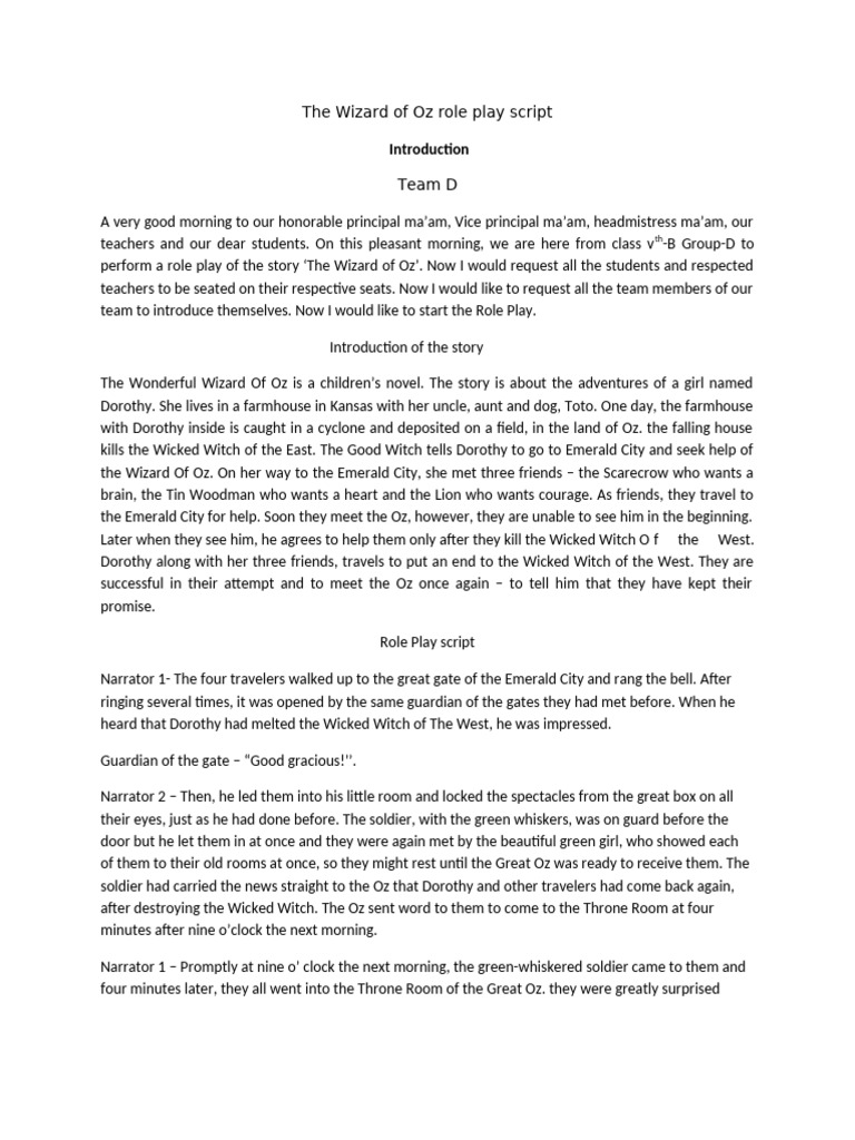 Wizard of Oz Role Play Script | PDF | The Wonderful Wizard Of Oz ...