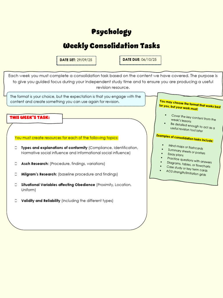 Psychology Weekly Consolidation Tasks: Date Set: Date Due | PDF