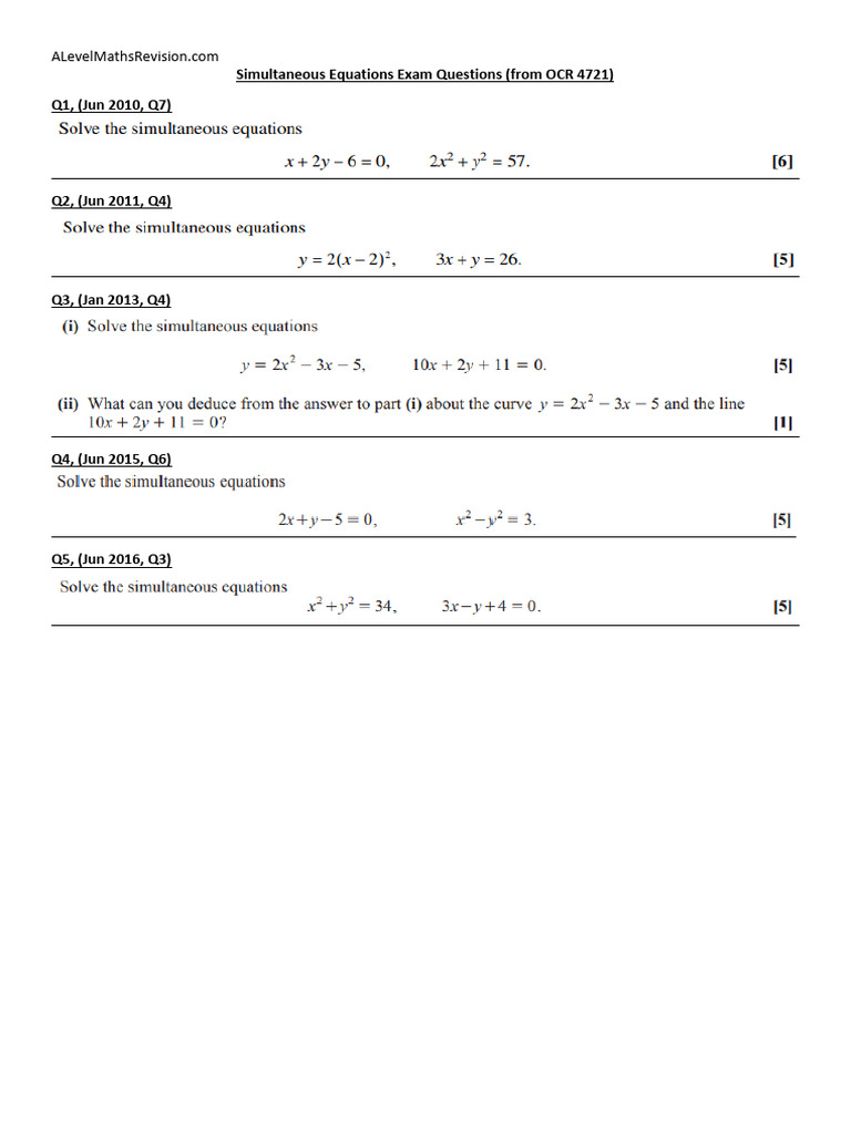 Simultaneous Equations Exam Questions | PDF