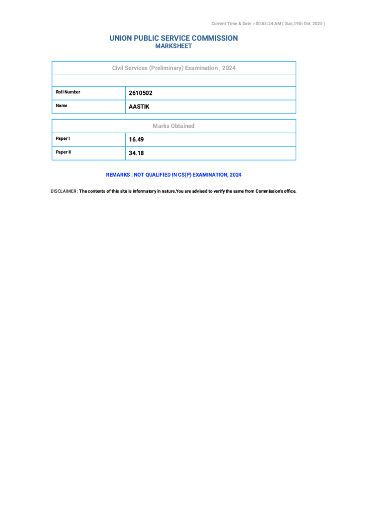 UPSC Civil Services 2024 Marksheet | PDF