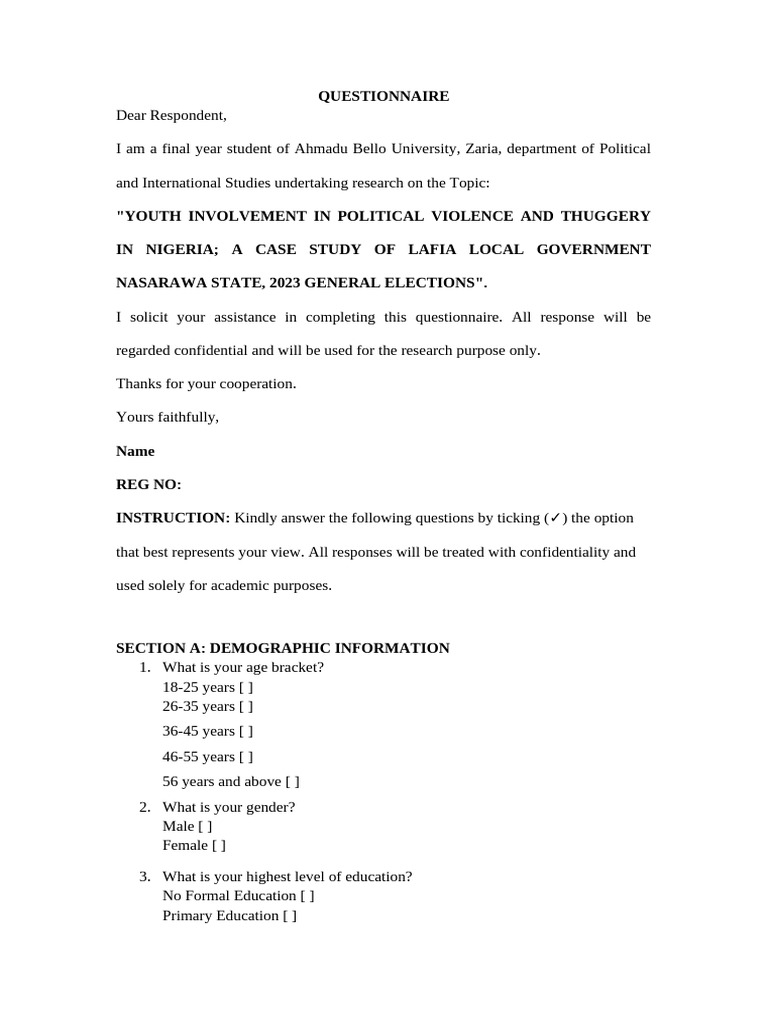 001 Youth Involvement Political Thuggery Questionnaire | PDF | Violence