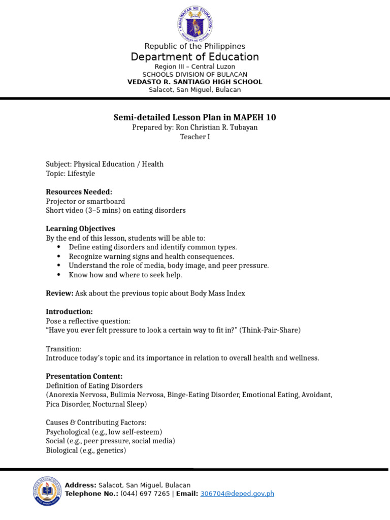 Daily Lesson Plan in MAPEH 10 | PDF | Eating Disorder | Binge Eating ...