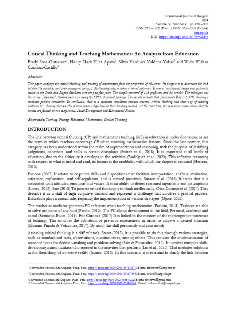Critical Thinking and Teaching Mathematics An Anal | PDF | Critical ...