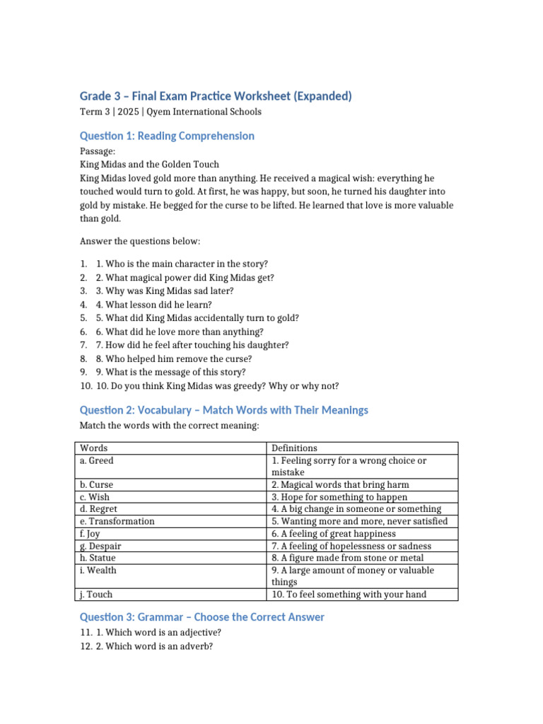 Grade_3_Final_Exam_Practice_Worksheet (1) | PDF | Syllable | Adverb
