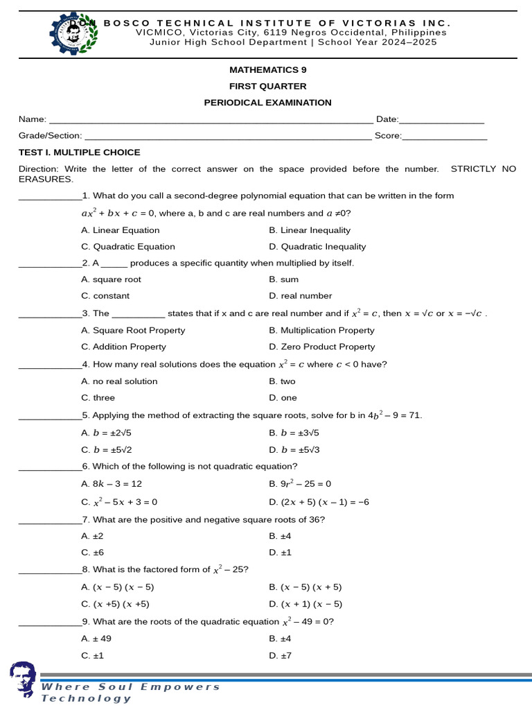 1st Quarter Exam Math g9 | PDF | Equations | Quadratic Equation