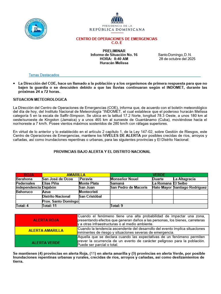 Informe Situación Huracán Melissa 2025 | PDF | Costa | Inundar