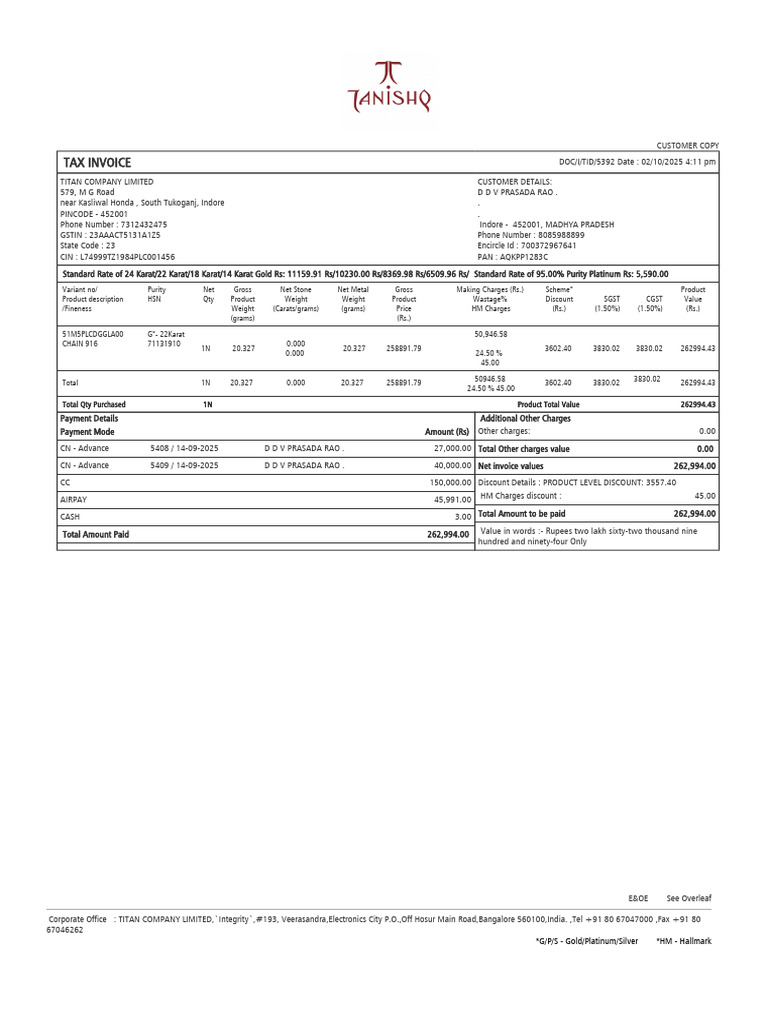 Tax Invoice: Value in Words:-Rupees Two Lakh Sixty-Two Thousand Nine ...