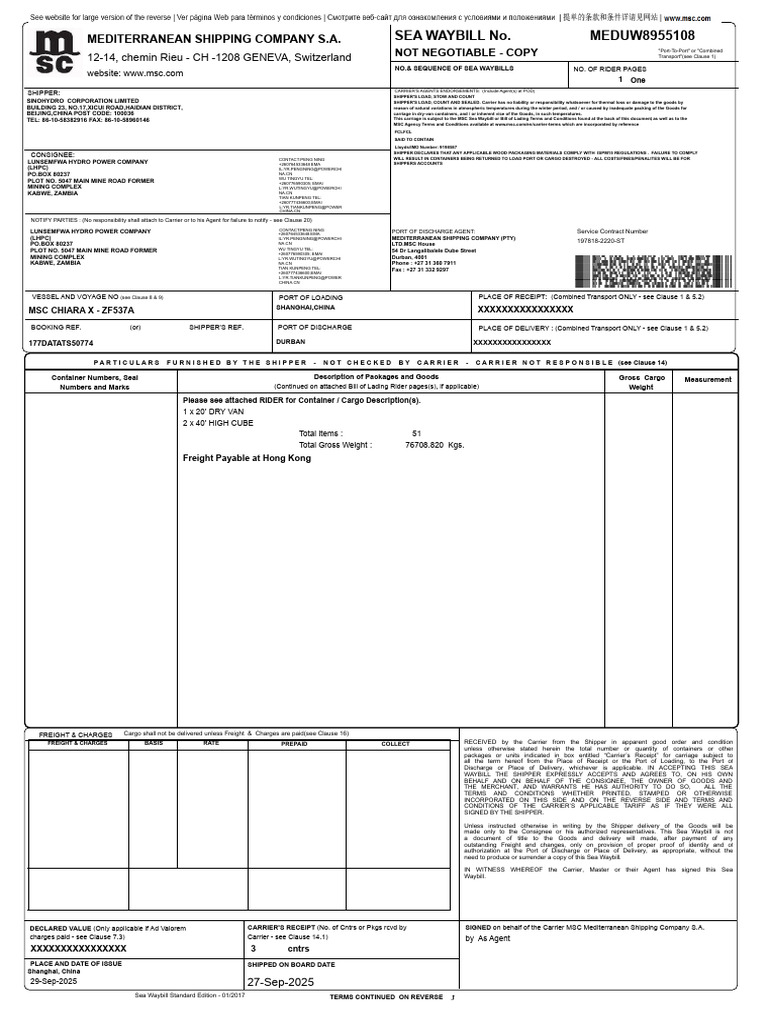 Mediterranean Shipping Waybill Details | PDF | Cargo | Bill Of Lading