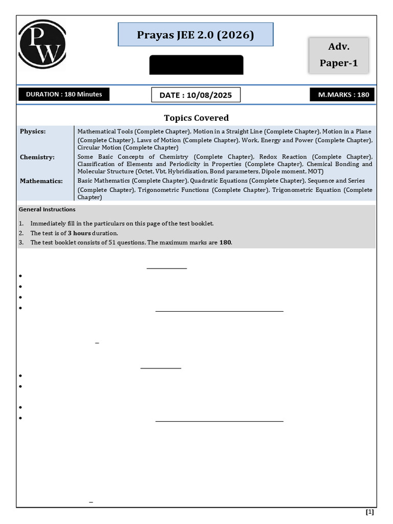 Advanced Practice Test 01 (Paper 01) Test Papers (PCM) | PDF | Force ...