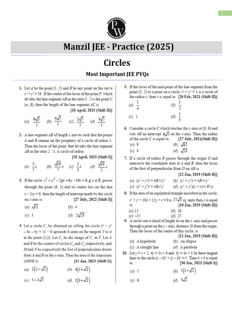 Circles PYQ Sheet (Questions) Manzil JEE 2025 | PDF | Circle | Differential Geometry