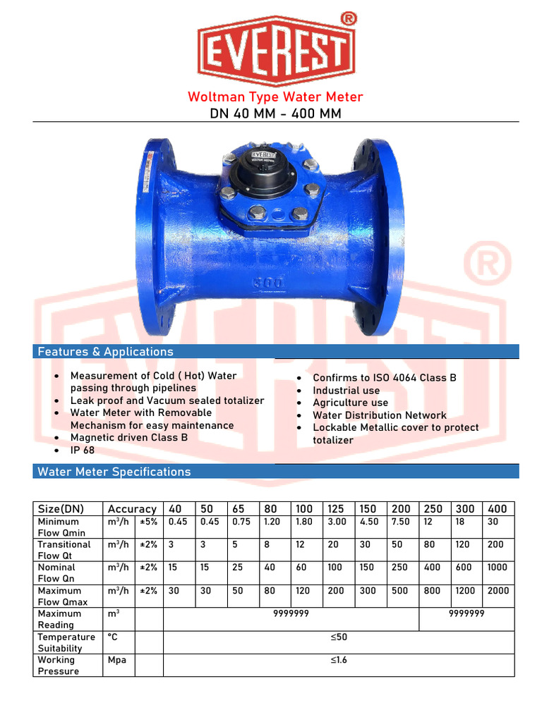 Woltman Water Meter Specifications Guide | PDF | Water | Mechanical ...