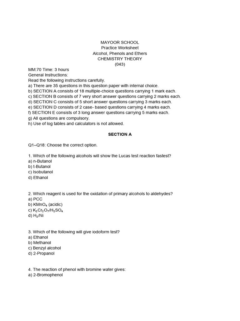 Chemistry Worksheet: Alcohols, Phenols, Ethers | PDF | Ether | Methyl Group