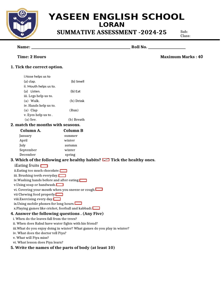 Yaseen School Summative Assessment 2024 | PDF