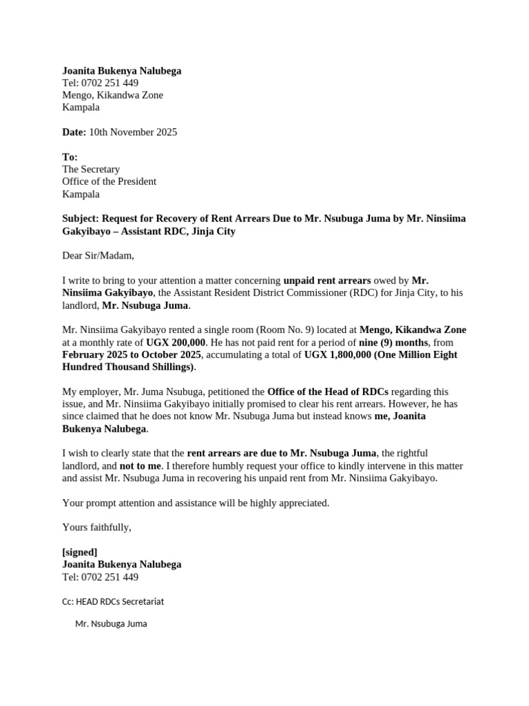 Rent Arrears Recovery Request Letter | PDF