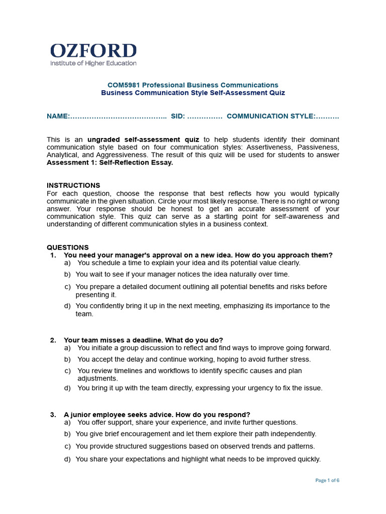 Business Communication Style Quiz | PDF | Communication | Psychology