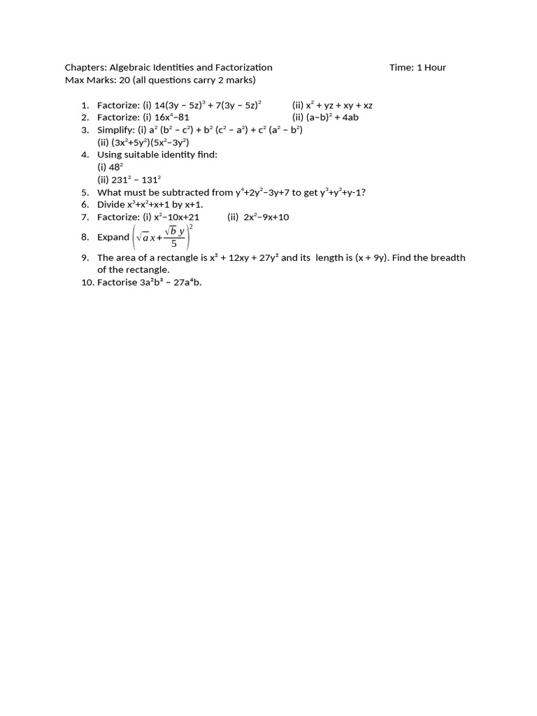 Algebraic Identities and Factorization | PDF
