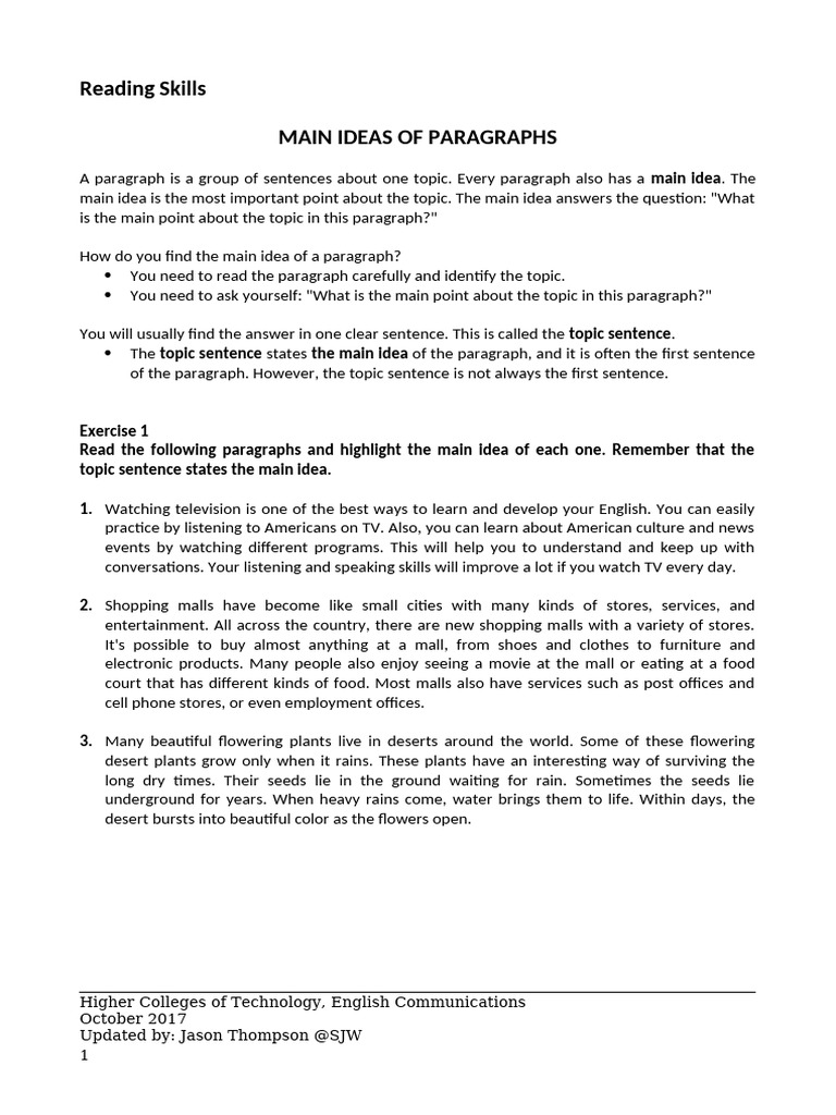 B1 B1+ Reading - Main Idea of Paragraphs | PDF | Internet | Spice