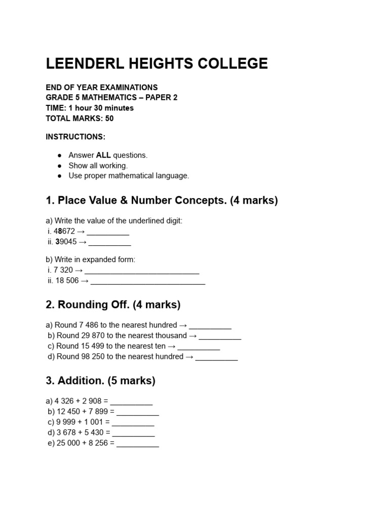 Grade 5 Mathematics Exam Paper | PDF | Elementary Mathematics | Mathematics