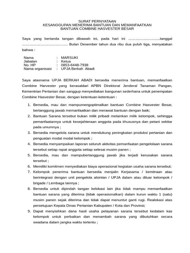Surat Pernyataan Upja Berkah Abadi | PDF