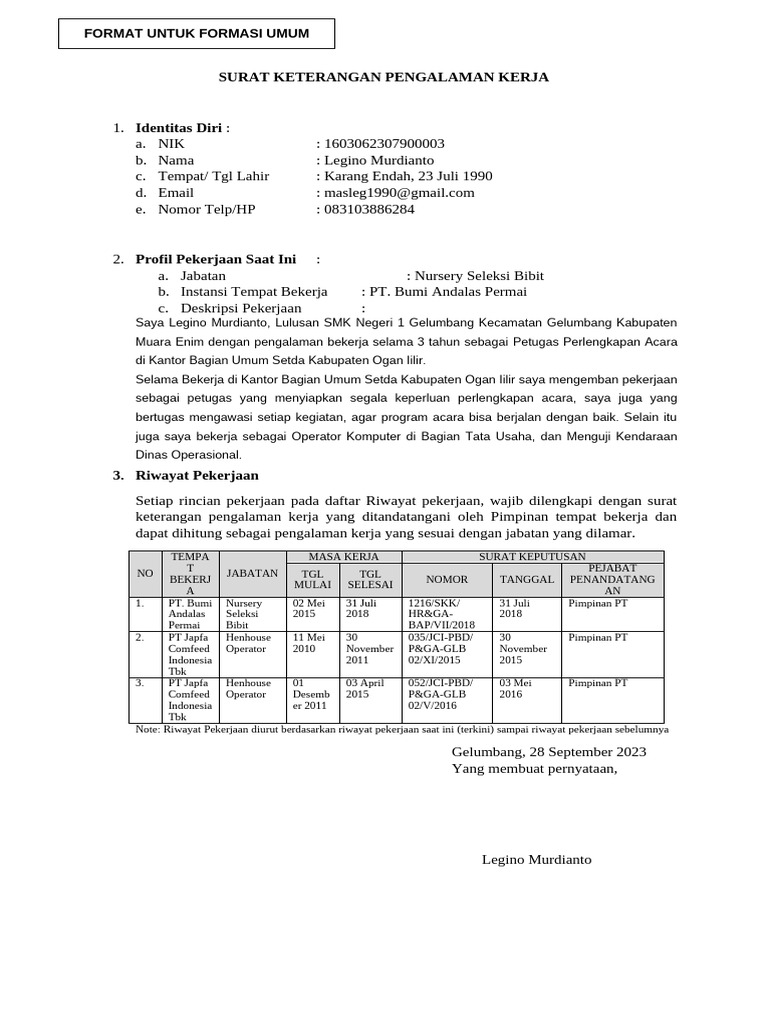 Surat Keterangan Pengalaman Kerja Legino | PDF