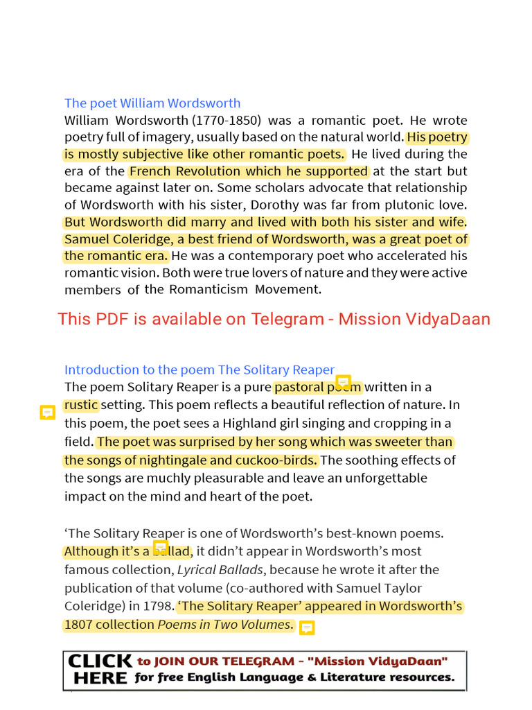 William Wordsworth's "The Solitary Reaper" Analysis | PDF | William ...