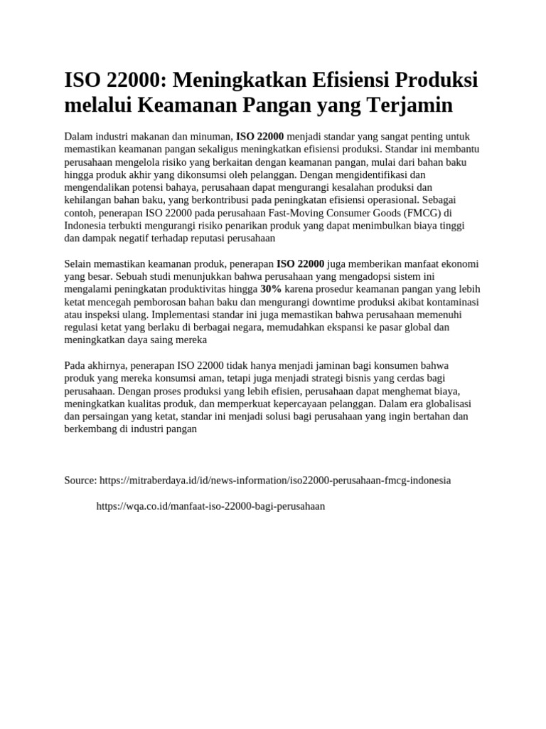 ISO 22000: Keamanan Pangan dan Efisiensi | PDF